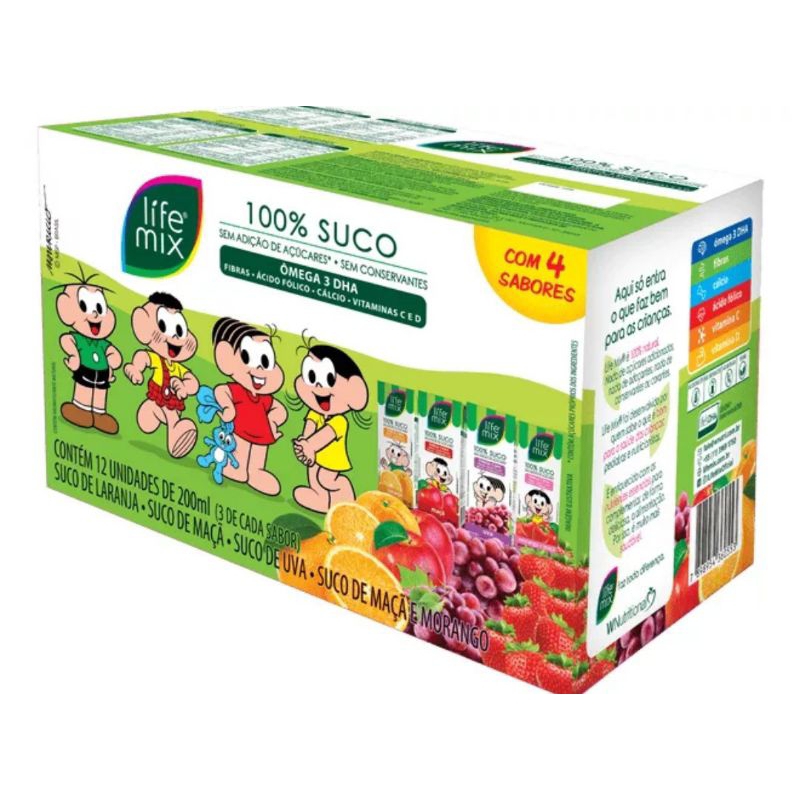 Suco Life Mix Sabor Misto Laranja, Maçã, Uva e Morango Pack com 12 ...