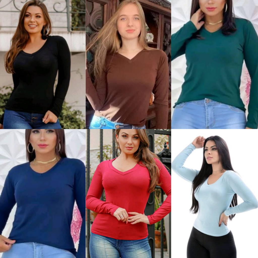kIT 2 BLUSAS FEMININA MANGA LONGA GOLA V SEGUNDA PELE VISCOLYCRA ...