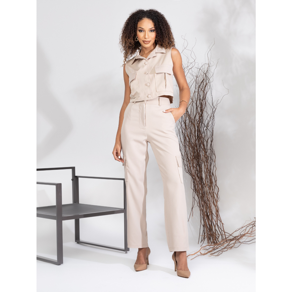 Conjunto Alfaiataria Confortável Colete e Calça Pantalona Moda Feminina ...