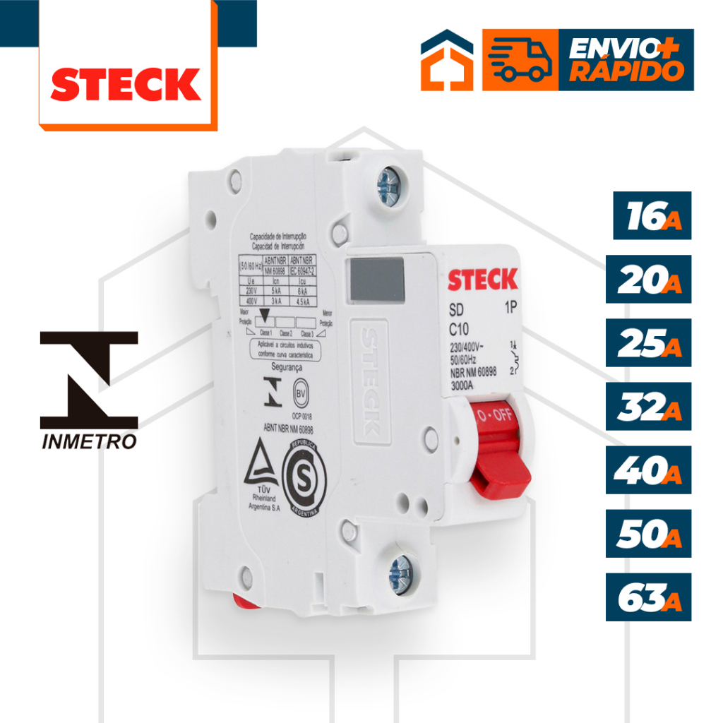 Disjuntor Unipolar Mono 1 Pólo Din Curva C 06A 10A 16A 20A 25A 32A 40A 50A 63A Steck | Shopee Brasil