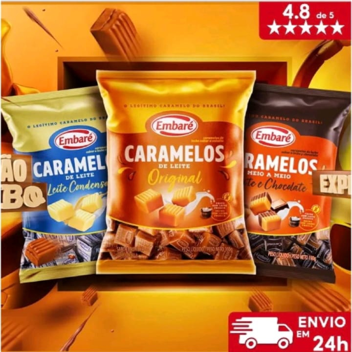 Balas de Caramelo ao Leite Embaré - Sabores à Escolha - Pacote com 660g ...