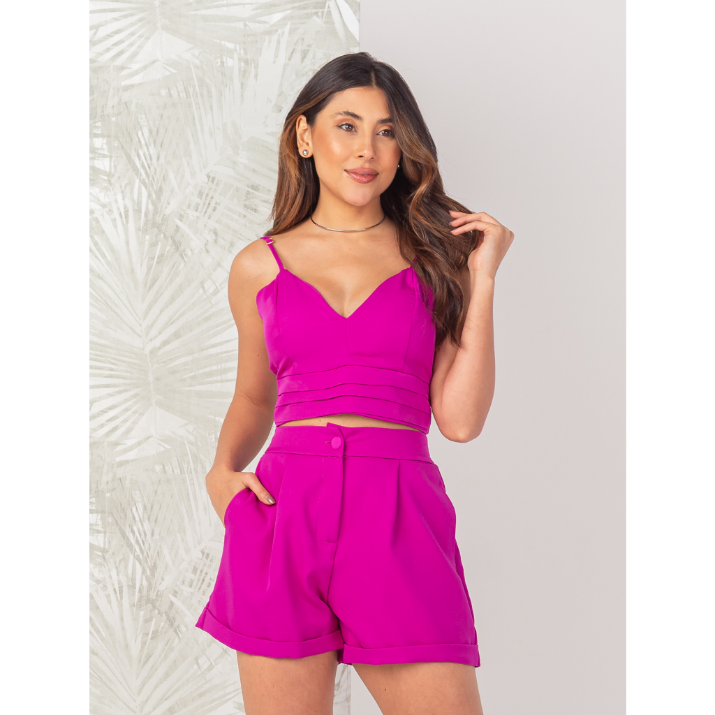 CONJUNTO DE DUAS PECA MODA FEMININAS ALFAIATARIA TOP BABADO COM SHORT COM LATEX ATRAS | Shopee ...