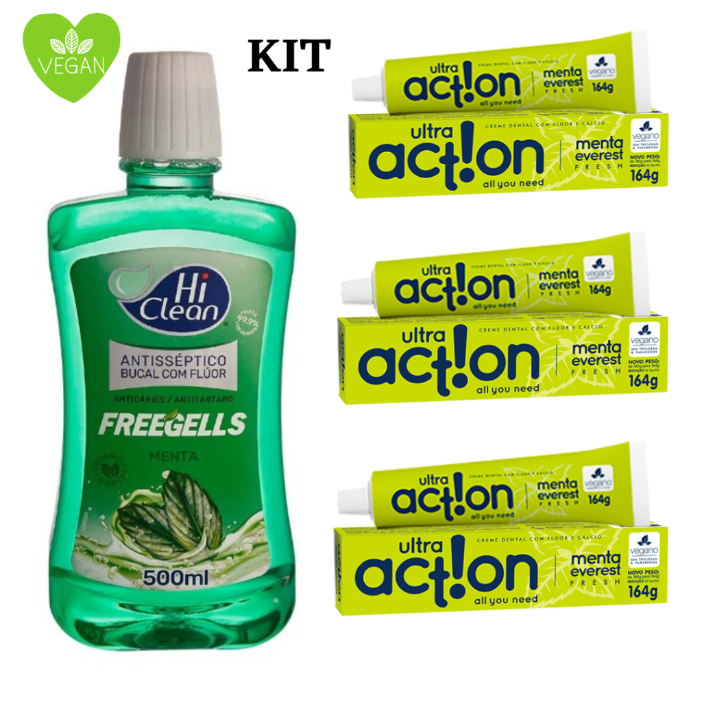 Kit Enxaguante Bucal Freegells 500ml + 3 Creme Dental Everest Ultra Action 164g (Vegano ...
