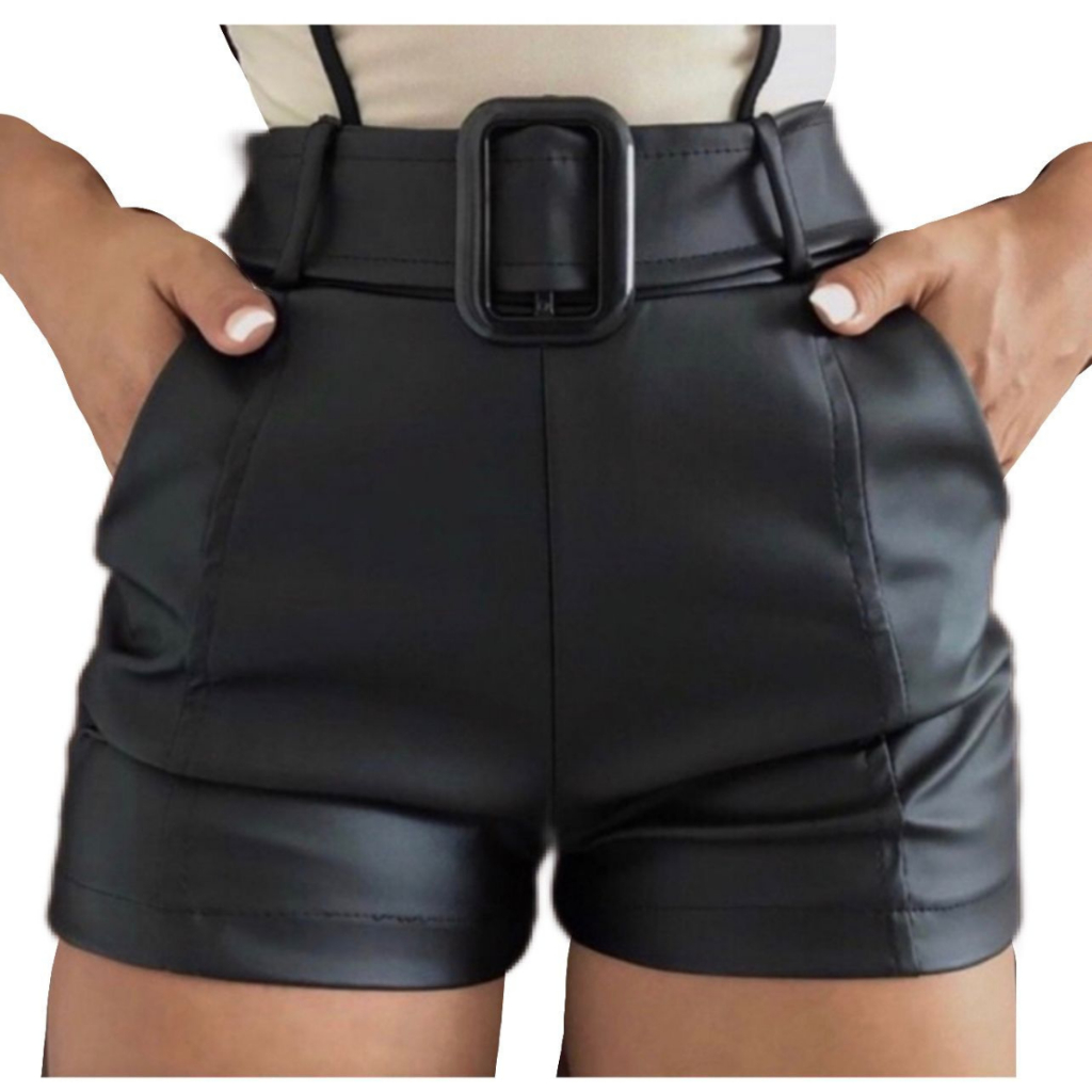 Shorts Feminino De Couro Fake Tecido Cirre Short Preto De Fivela ...
