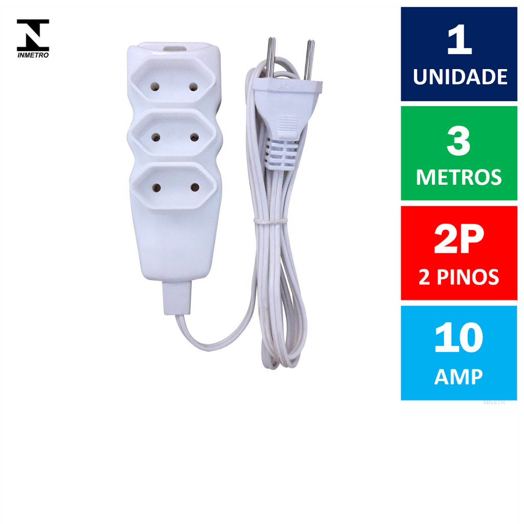 Extensão Elétrica 2 Pinos 10A 3 Metros Branco Megatron ( Cordão Prolongador Tomada Tripla 2P 10 ...