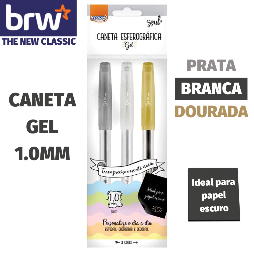 Kit Caneta Gel BRW 1.0mm - Branca, Dourada e Prata | Shopee Brasil