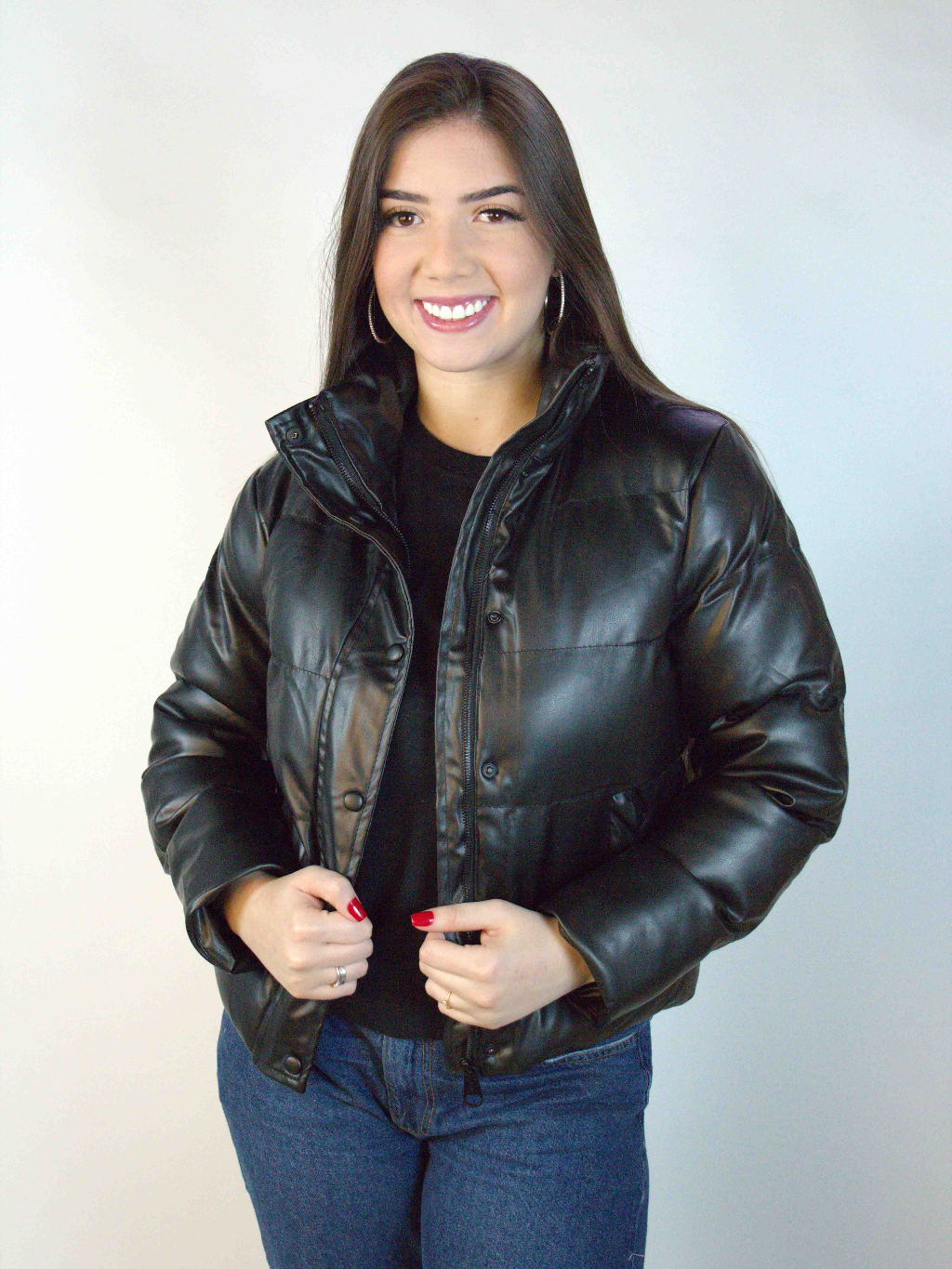 Jaqueta Puffer Couro Pu Feminina Gola Alta C Zíper E Botões | Shopee Brasil