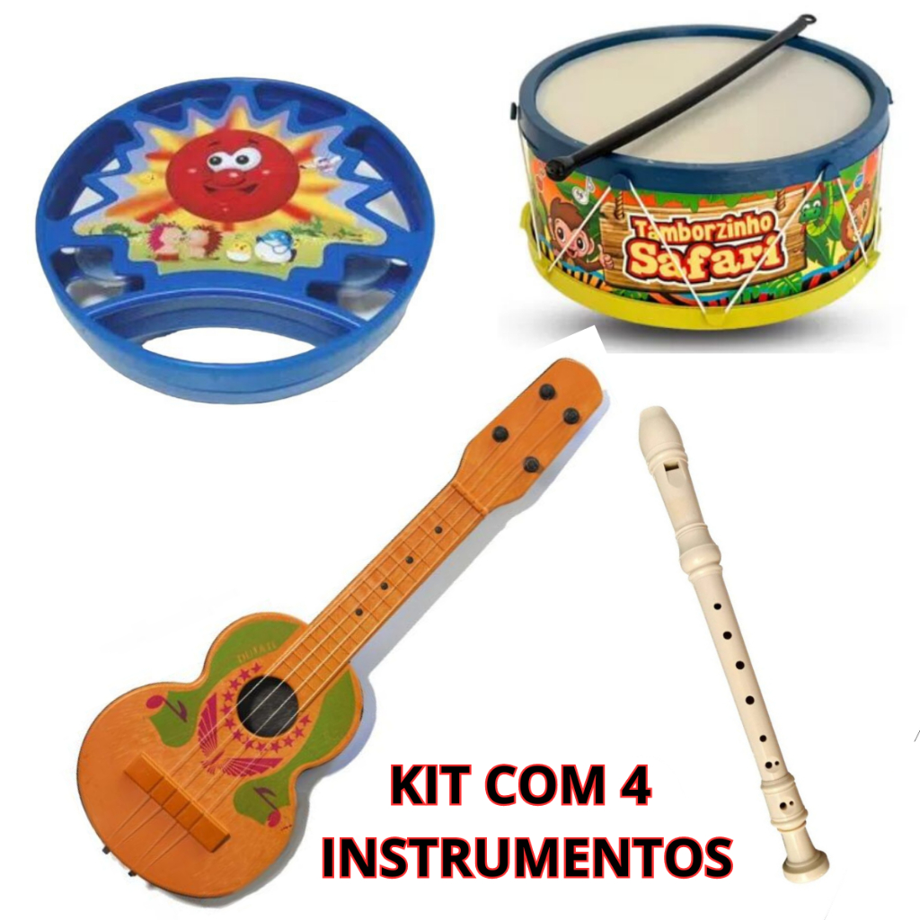 Kit 4 Instrumentos Musical Violão Pandeiro Tambor Flauta Doce Brinquedo Infantil | Shopee Brasil