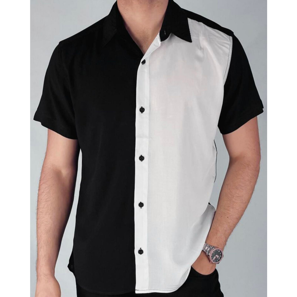 camisa social manga curta metade preta e branca viscose moda masculina ...