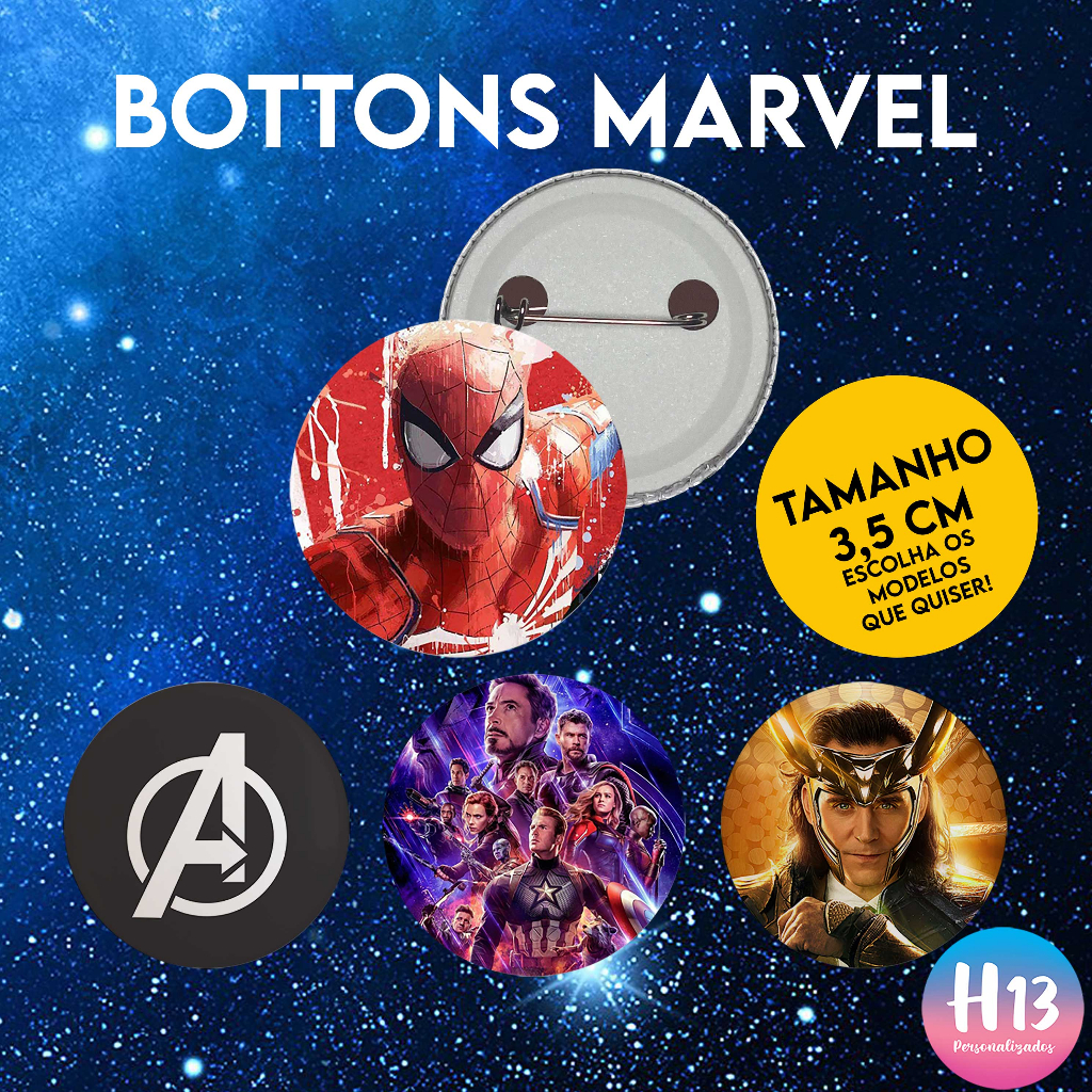 Kit Bottons Marvel - escolha entre 30 a 100 unidades tamanho 3,5 cm ...