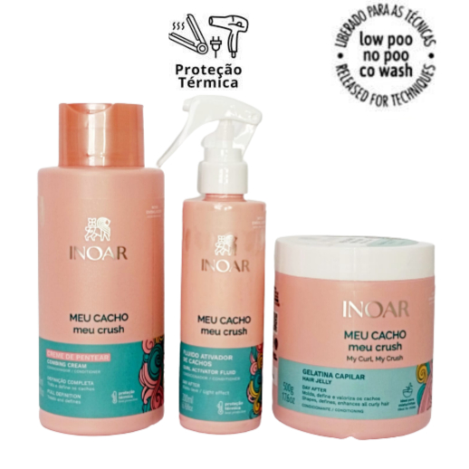 KIT MEU CACHO MEU CRUSH INOAR- CREME DE PENTEAR 500ML+ GELATINA CAPILAR 500G+ FLUIDO ATIVADOR DE ...