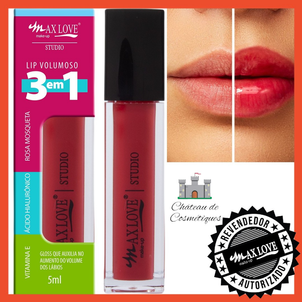 Gloss Lip Volumoso 3 Em 1 Max Love Cor 304 Vermelho Cremoso Brilho