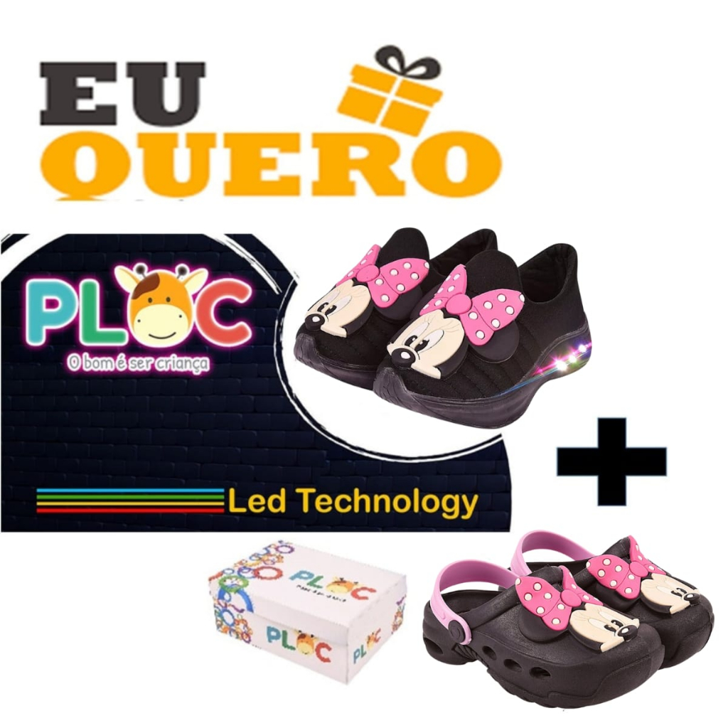 KIT 2 PARES PLOC - 1 TÊNIS LED + 1 BABUCHE MINNIE PRETO (LED03 PRETO + BAB03 PRETO - MINNIE ...