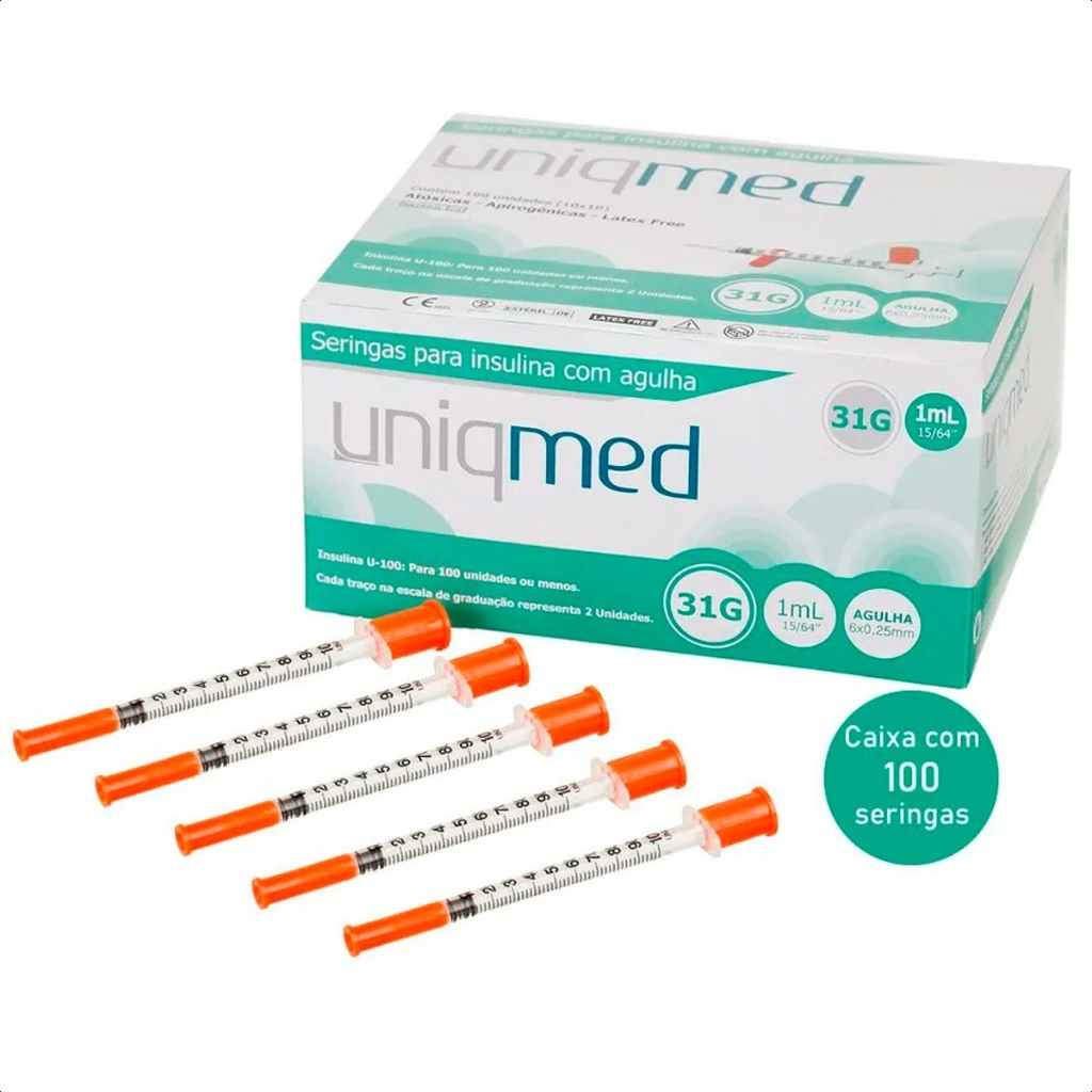 Seringa de insulina Uniqmed 100 ui 6mm com 100 un | Shopee Brasil