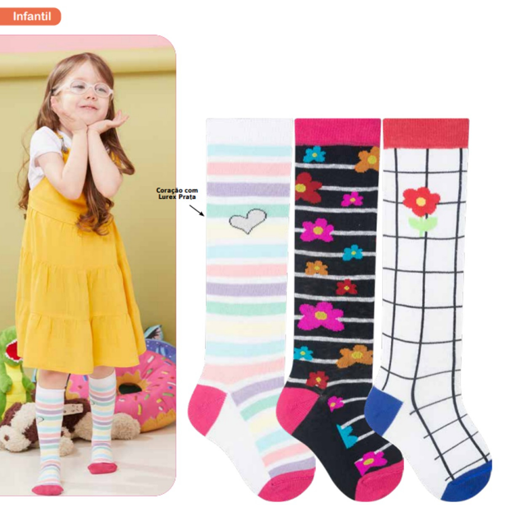 Kit 3 Pares Meia Infantil 3/4 Menina Algodão Qualidade Rikam | Shopee ...