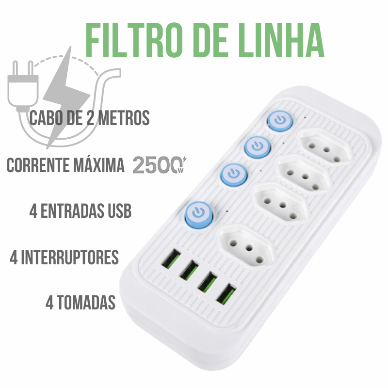 Filtro de Linha Régua com 4 Tomadas e 4 USB Extensão Elétrica Com Cabo de 2 Metros 4 ...