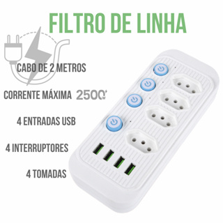 Filtro de Linha Régua com 4 Tomadas e 4 USB Extensão Elétrica Com Cabo de 2 Metros 4 ...