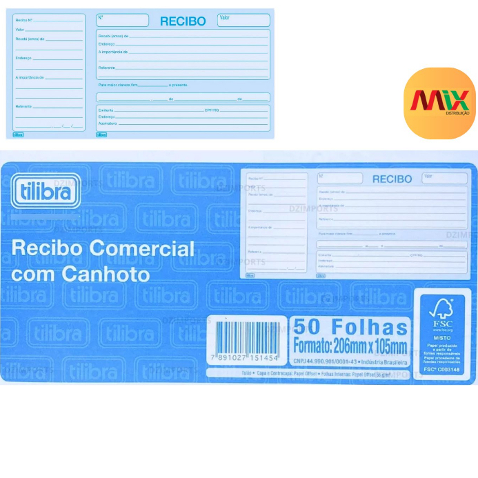 RECIBO COMERCIAL 5 UND COM CANHOTO 50 FLS TILIBRA | Shopee Brasil
