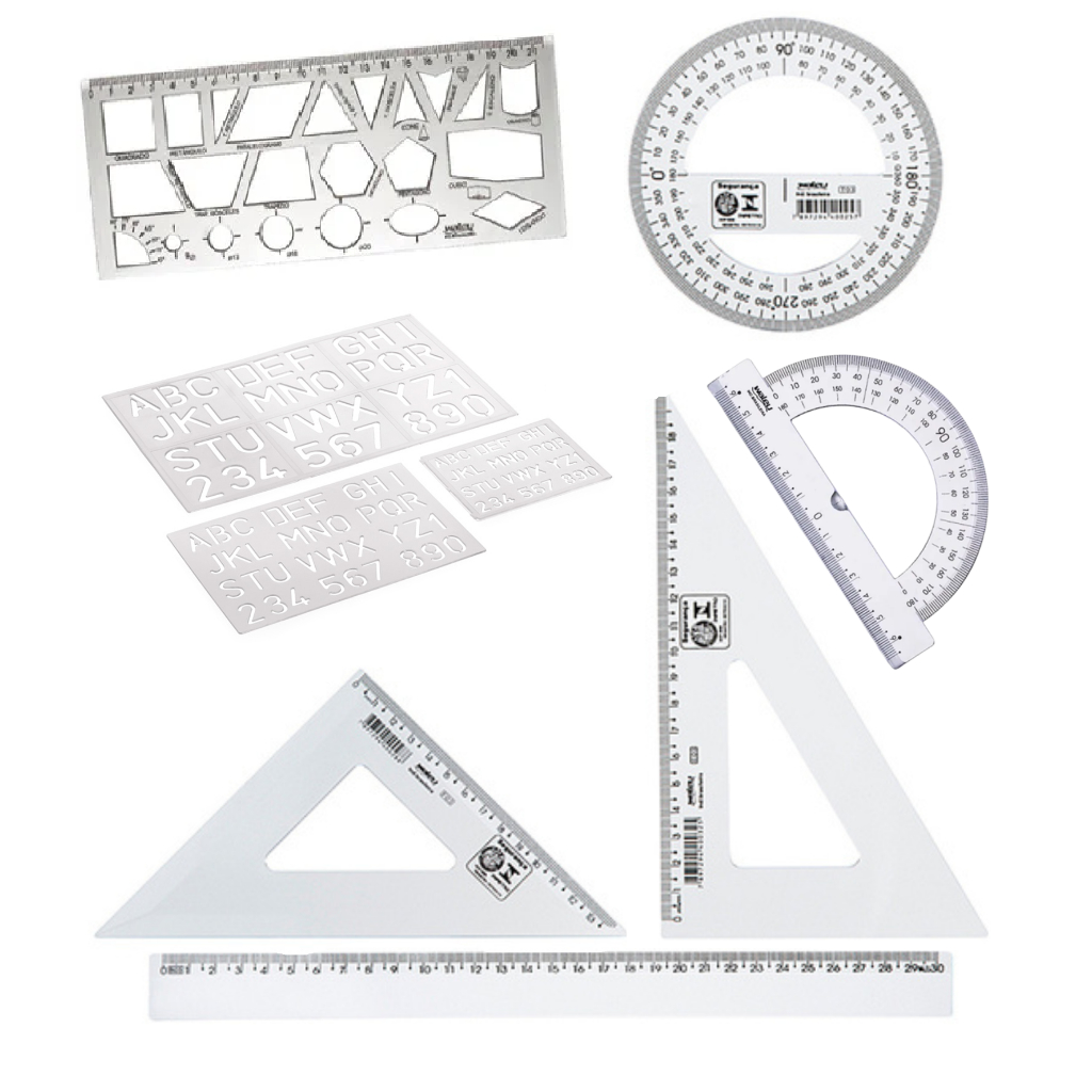 Kit 9 Réguas Geométrica Escolar Esquadro Transferidor | Shopee Brasil