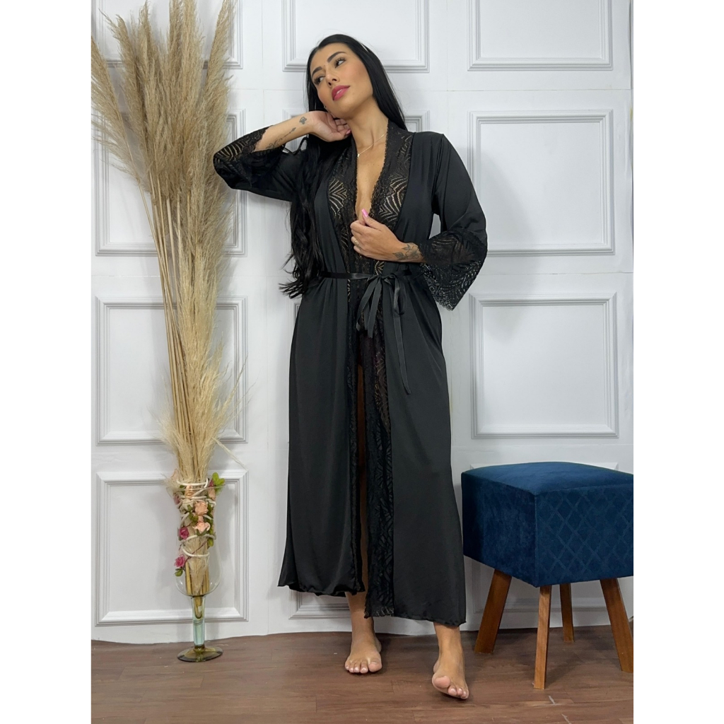 Robe Longo e Curto com Renda Luxo Kimono Roupão Sobretudo Comprido ...