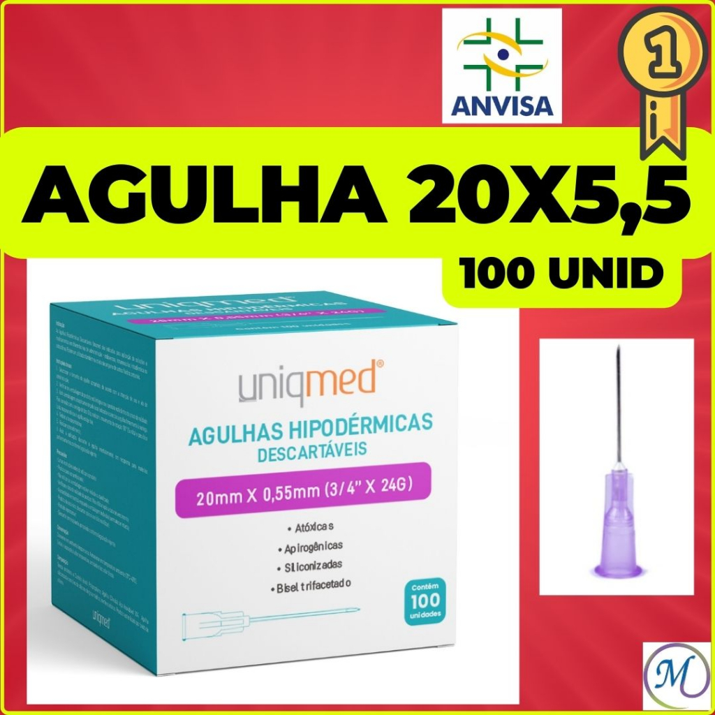 Agulha 20x5,5 Descartavel - UNIQMED caixa c/100 - Agulha Hipodérmica ...