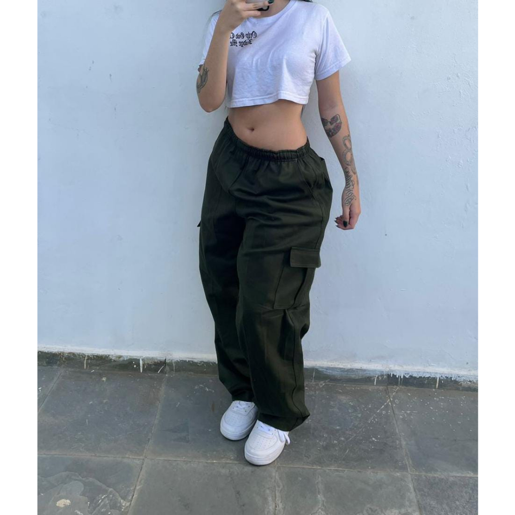 CalÇa Cargo Unissex Em Sarja Verde Musgo Estilo Skatista Escorrega