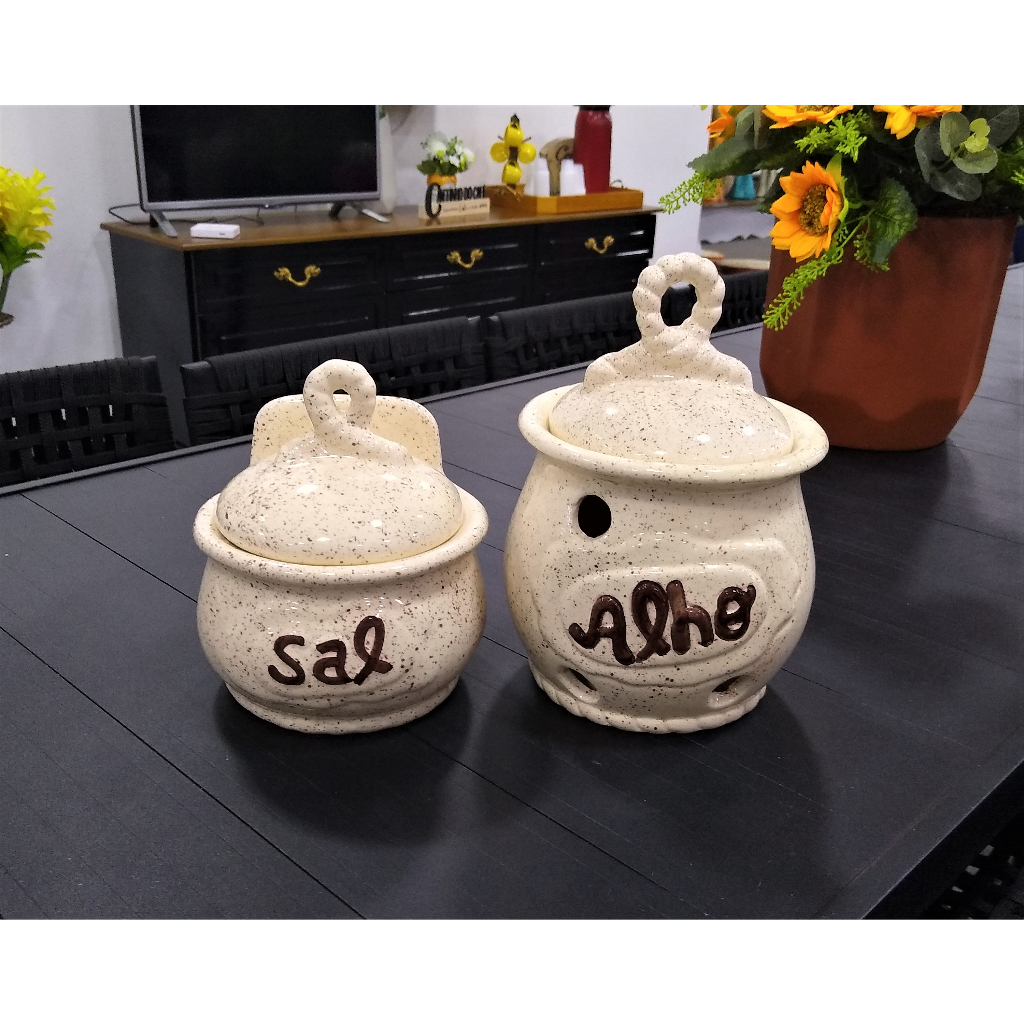 KIT POTE SAL E POTE ALHO EM CERÂMICA DECORATIVA | Shopee Brasil