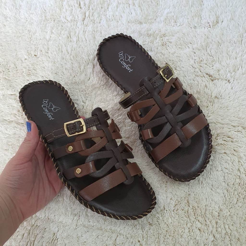 Sandália artesanal feminina em couro legitimo cor chocolate-pinhão ...