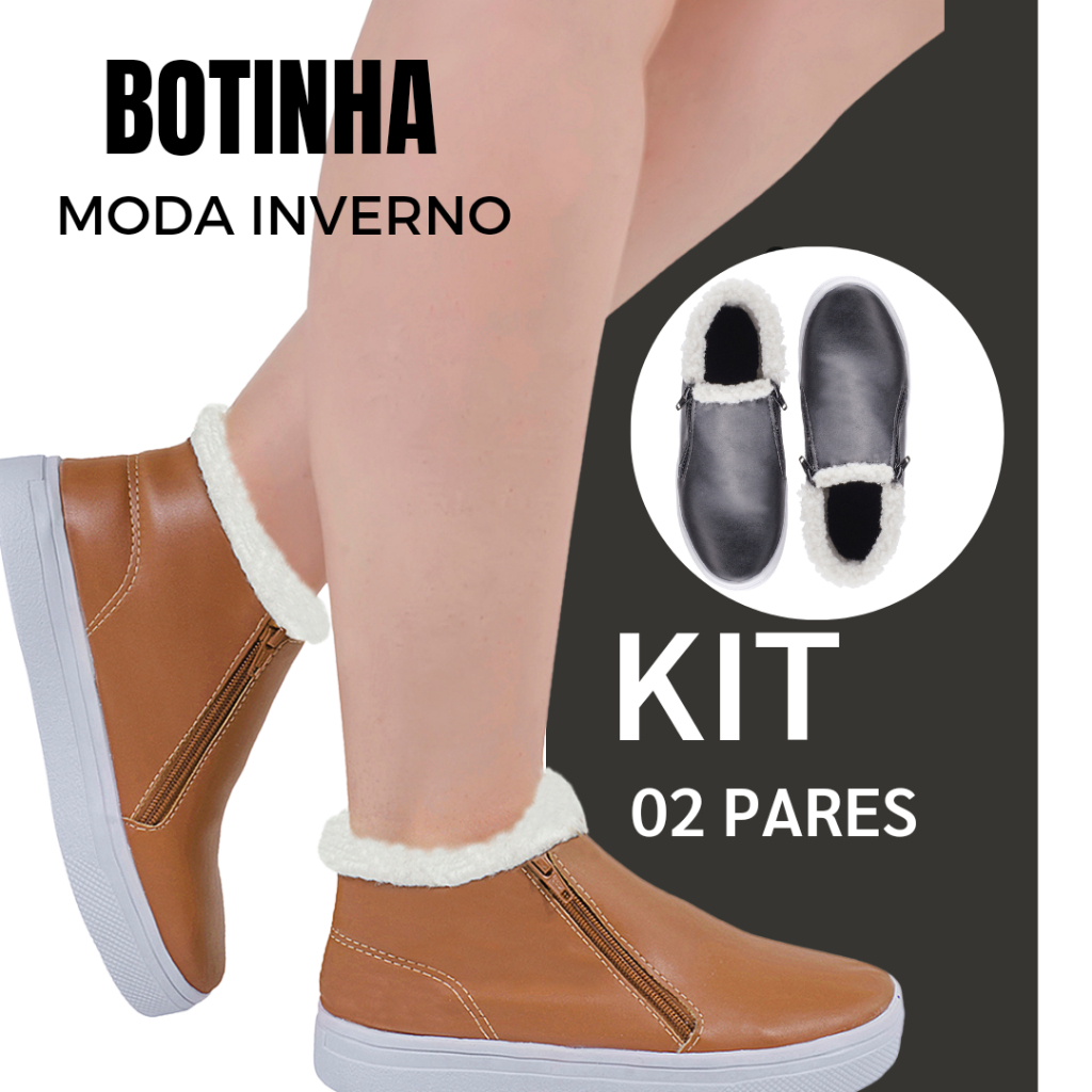 Tênis Botinha Feminino com pelo Forrada KIT 2 PARES | Shopee Brasil