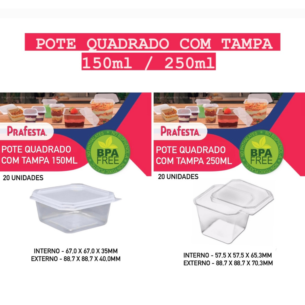 POTE QUADRADO PRAFESTA 150ml 250ml Com Tampa Embalagem Descartável ...