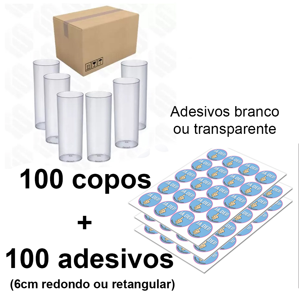 Copo Long Drink Liso transparente- 100 unidades + 100 adesivos ...
