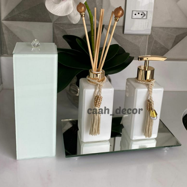 Kit Lavabo Banheiro Luxo Branco Com Bandeja Porta Escova Difusor De ...