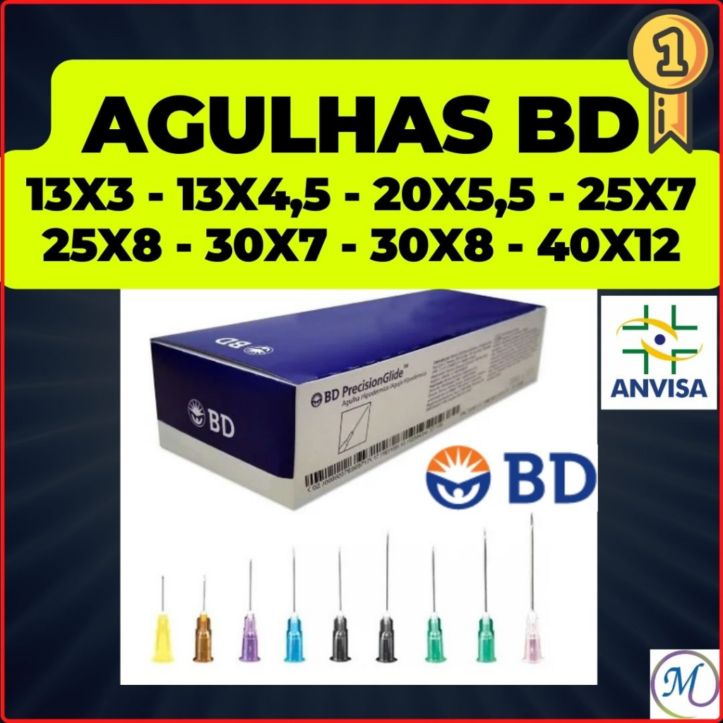 Agulha Descartável Marca BD cx c/ 100 - Tamanhos 13x3 -13x4,5 - 20x5,5 ...