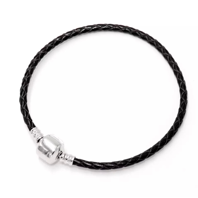 Pulseira de Couro Legitimo Preto estilo Pandora Fecho em Banho Prata ...