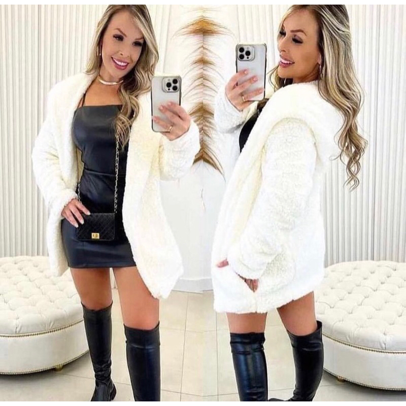 Casaco ted Pelinho com capuz fofinho inverno feminino | Shopee Brasil