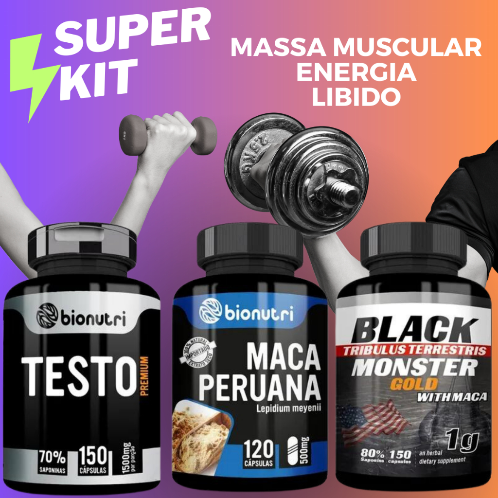 Kit Testo Premium 1500mg Black Monster 1g Maca Peruana 500mg Massa ...