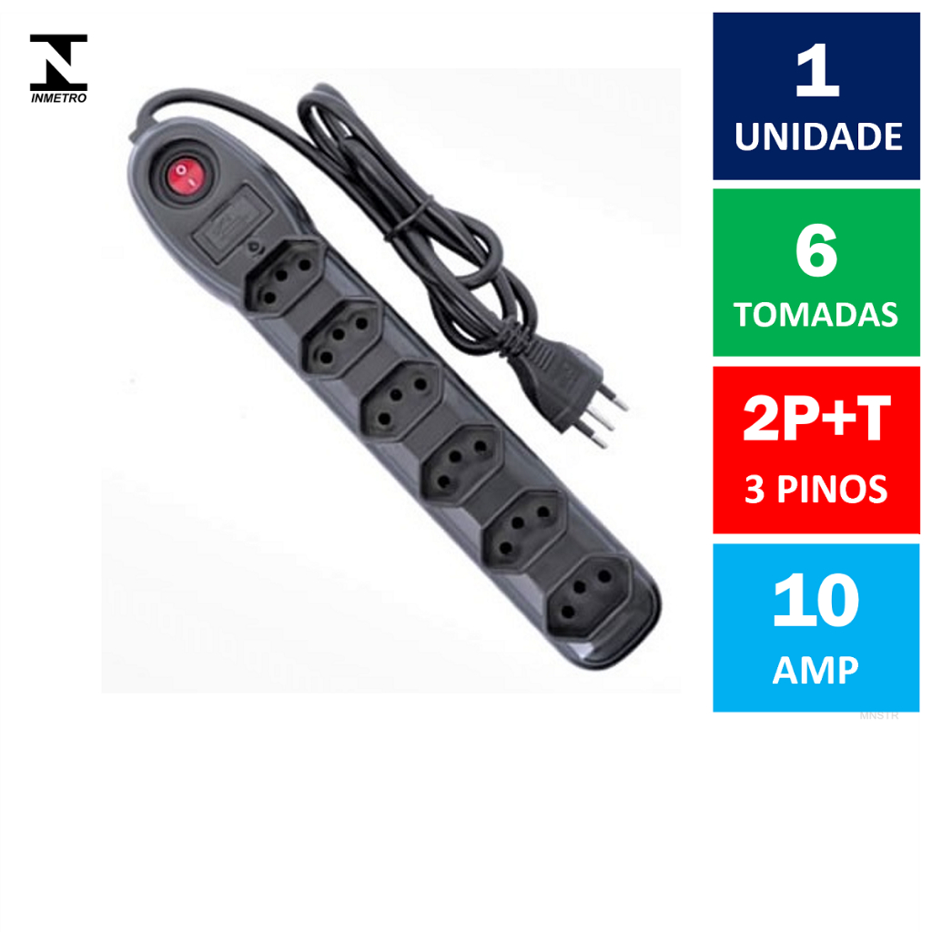 Filtro De Linha Com 6 Tomadas Preto 10A Bivolt 1 Metro Megatron | Shopee Brasil