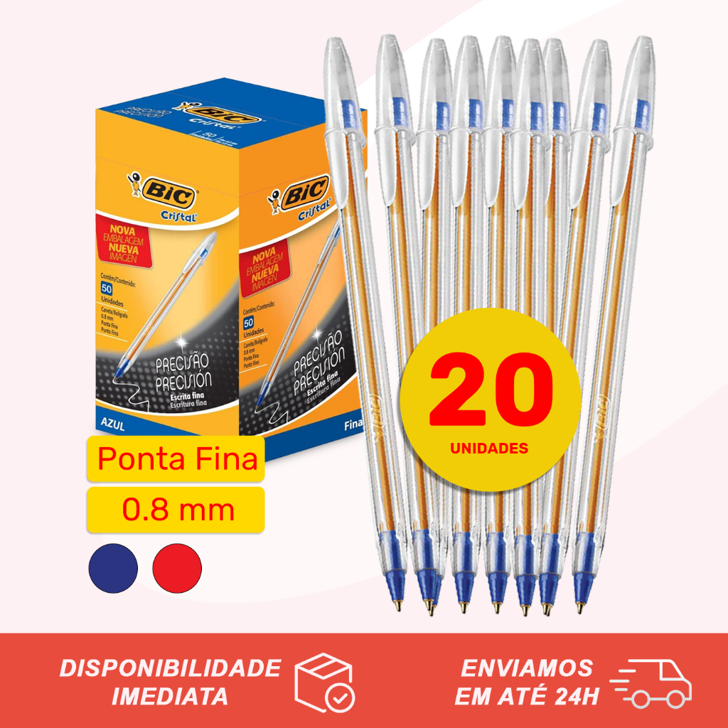 KIT 20 Canetas Bic Cristal Esferográficas 0.8mm Ponta Fina Cores Azul, Preta e Vermelha Original ...