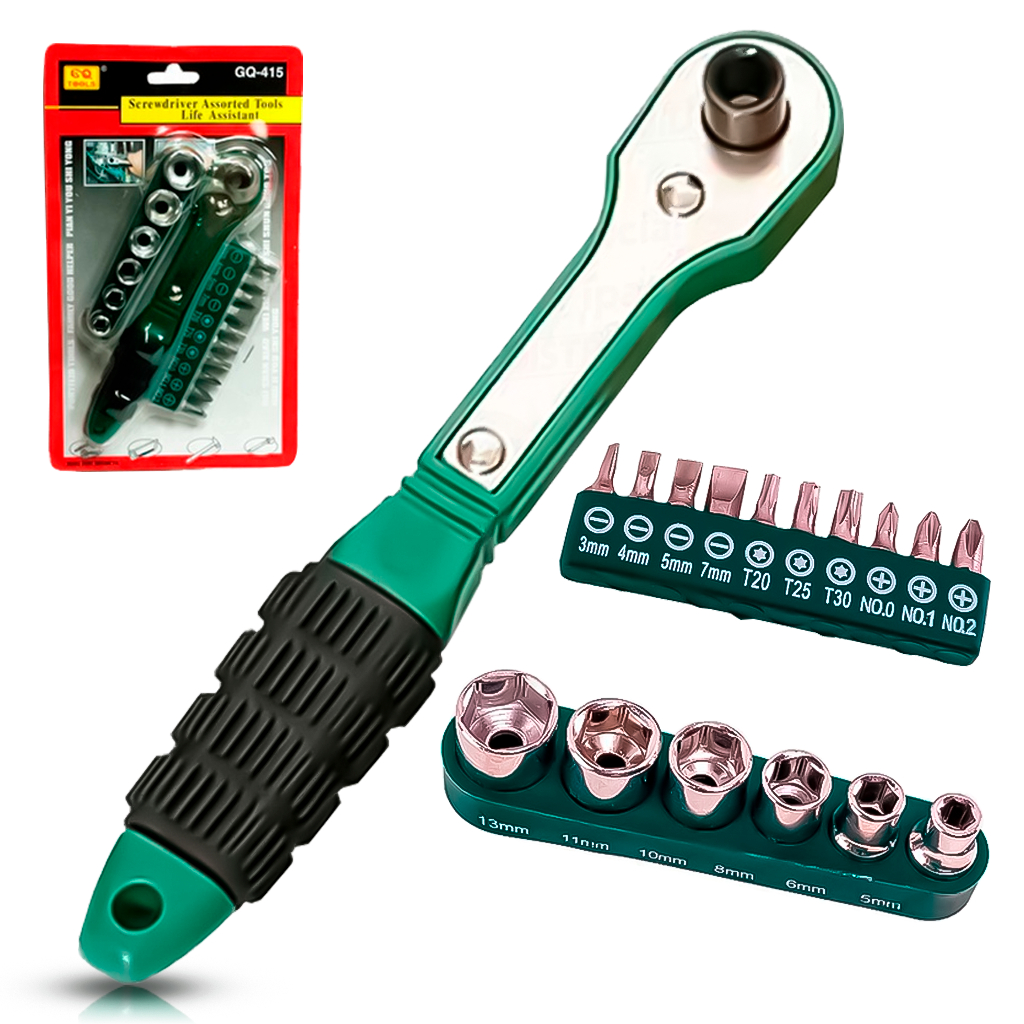 Kit Jogo Chave Catraca Reversível 1/4 Soquetes Com Bits 17 Peças Mini ...
