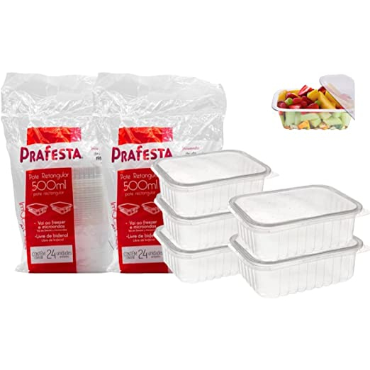 24un Pote Marmita Descartável 500 ml Fitness Fit Freezer Microondas dieta PRAFESTA Retangular ...
