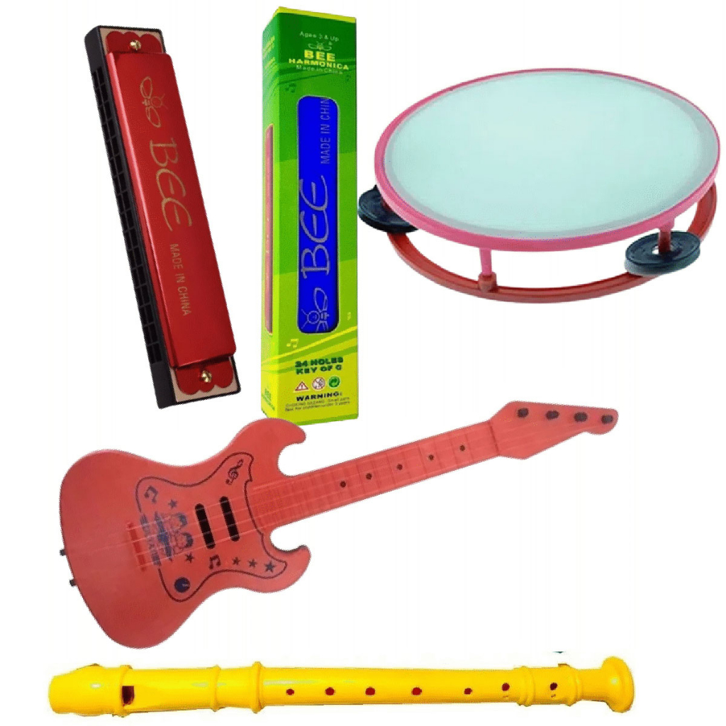 Kit 4 Instrumentos Musical Gaita Profissional Guitarra Pandeiro Flauta Infantil Brinquedo Banda ...