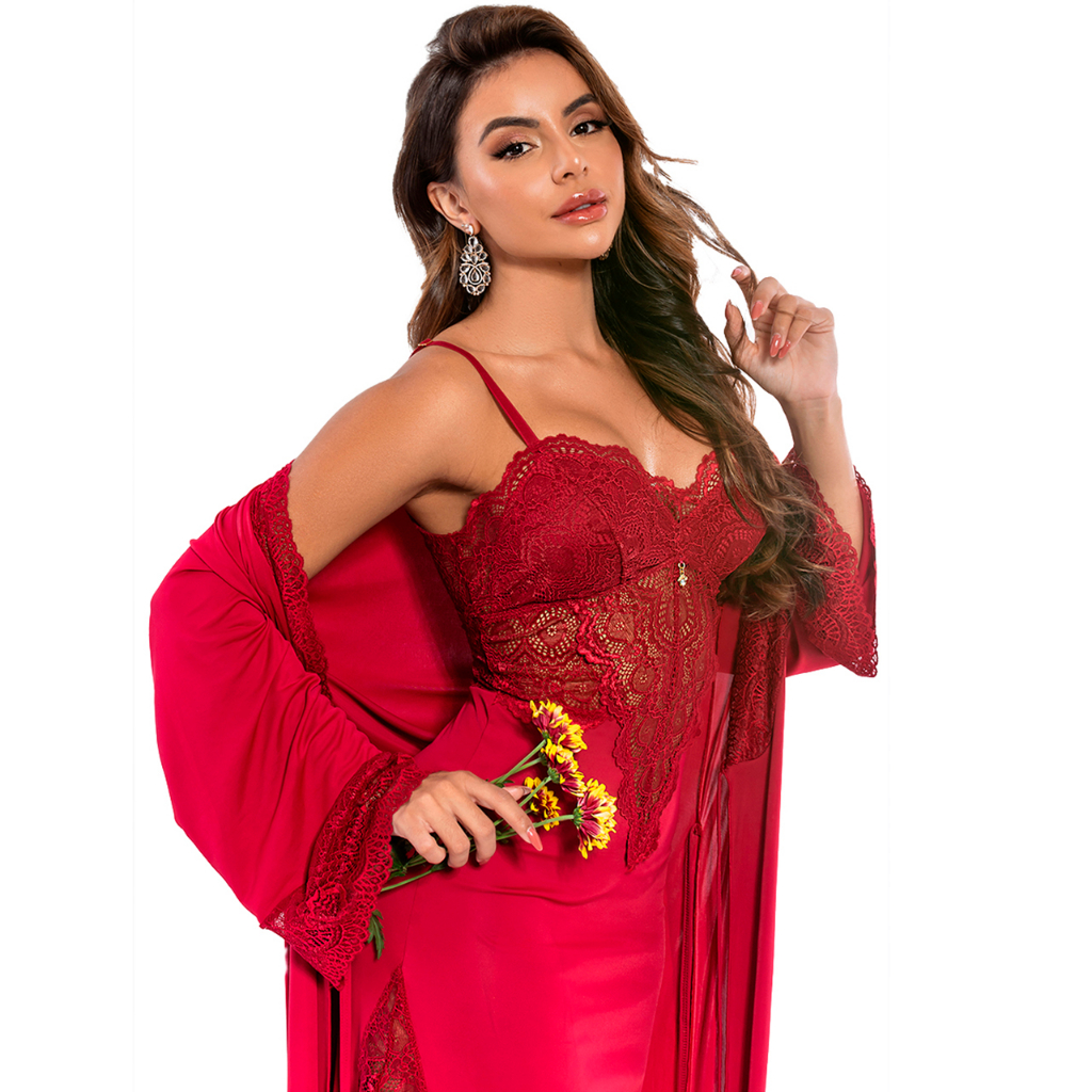 Kit Camisola Longa Microfibra Recorte Lateral + Robe Manga Longa Detalhado em Renda Confortável ...