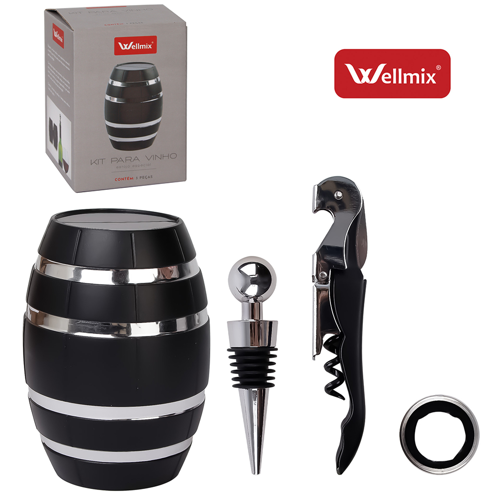 KIT PARA VINHO COM SACA ROLHA + ANEL CORTA GOTAS E TAMPA NO ESTOJO ...