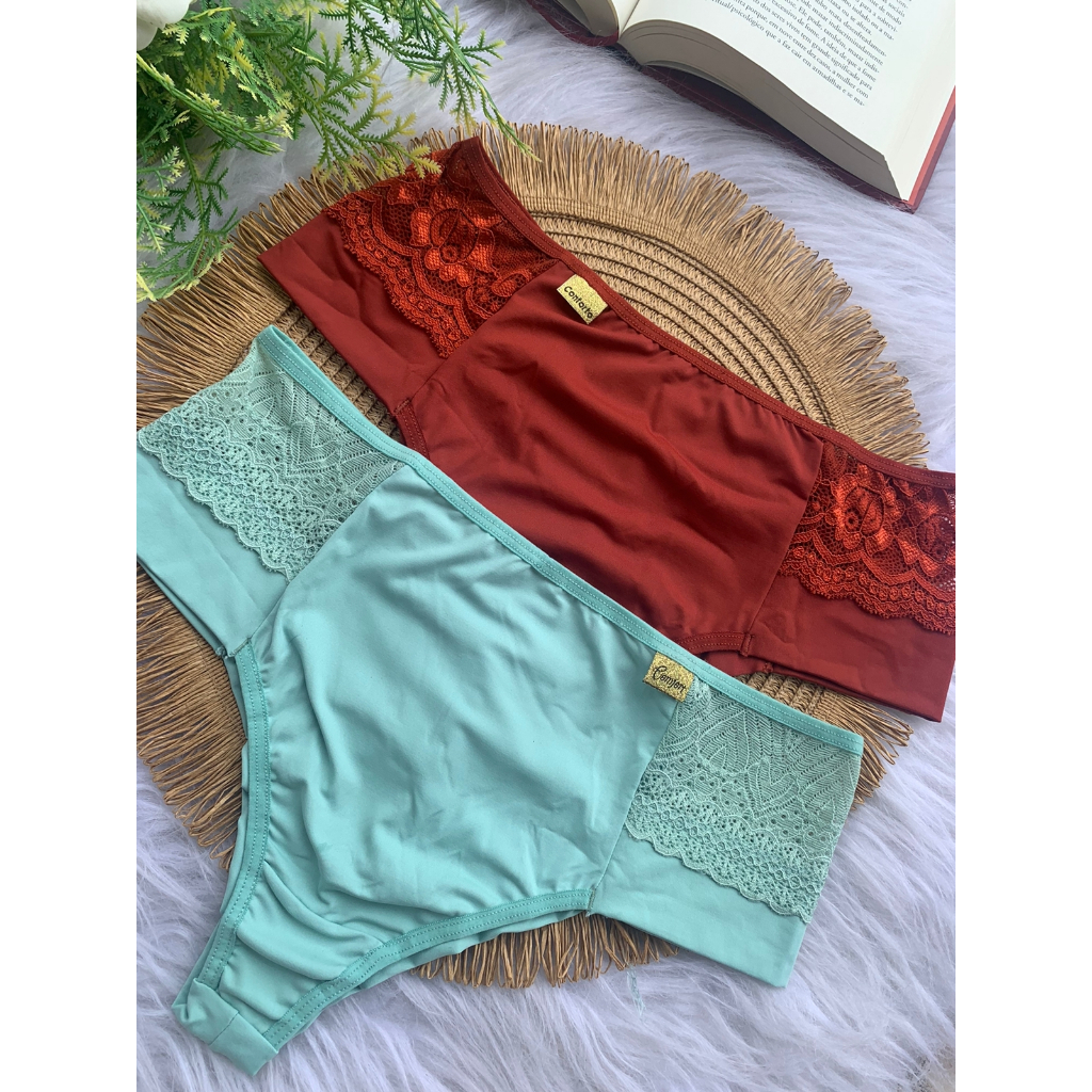 kit 5 Calcinha tanga feminina com pala fio duplo larga cós alto ...