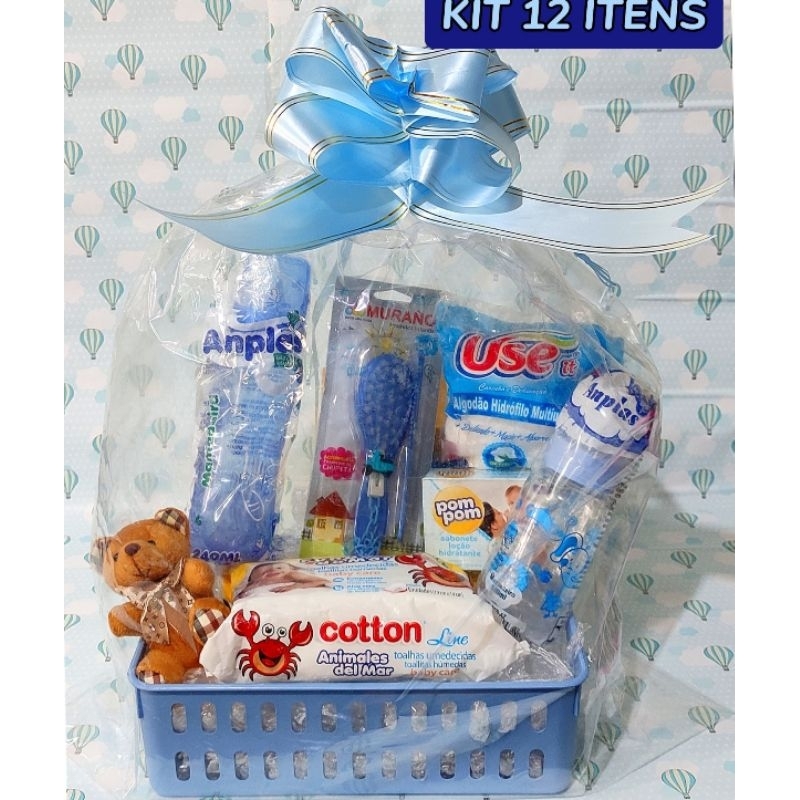 Cesta presente bebê personalizado kit 12 itens essenciais nascido cesta ...