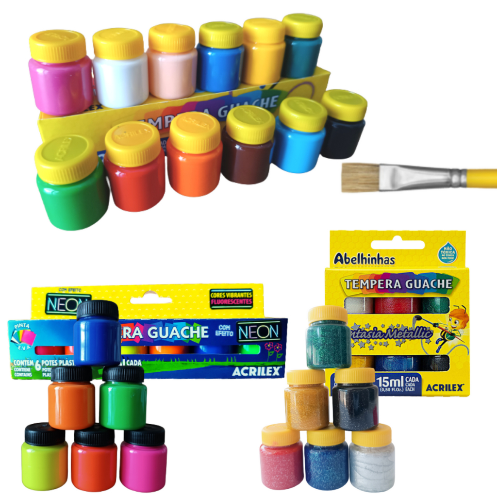 Kit Tinta Guache Acrilex 24 Cores| Neon| Fantasy Glitter| Tempera| com ...