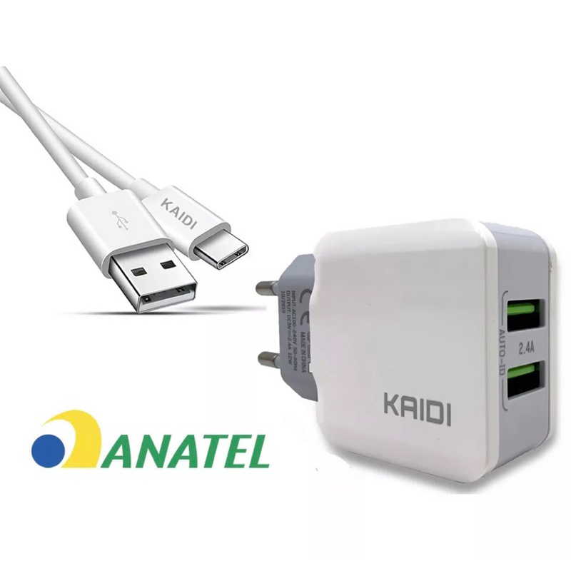 Carregador Turbo Kaidi Tipo-C ou iPhone iOS com Cabo + 2 Entradas Usb ...