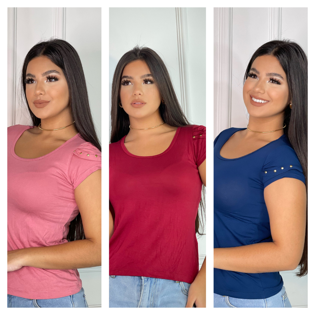 Kit 3 Blusas Femininas Detalhe na Manga | Shopee Brasil