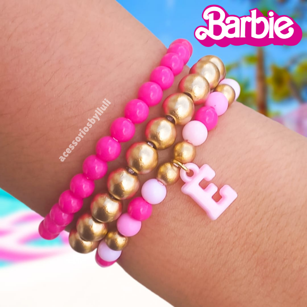 Kit 3 Pulseiras Da Barbie Infantil Rosa Conjunto De Bolinhas e Inicial | Shopee Brasil