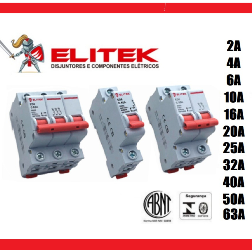 Disjuntor Elitek Unipolar Bipolar Tripolar Curva C 2A 4A 6A 10A 16A 20A 25A 32A 40A 50A 63A ...